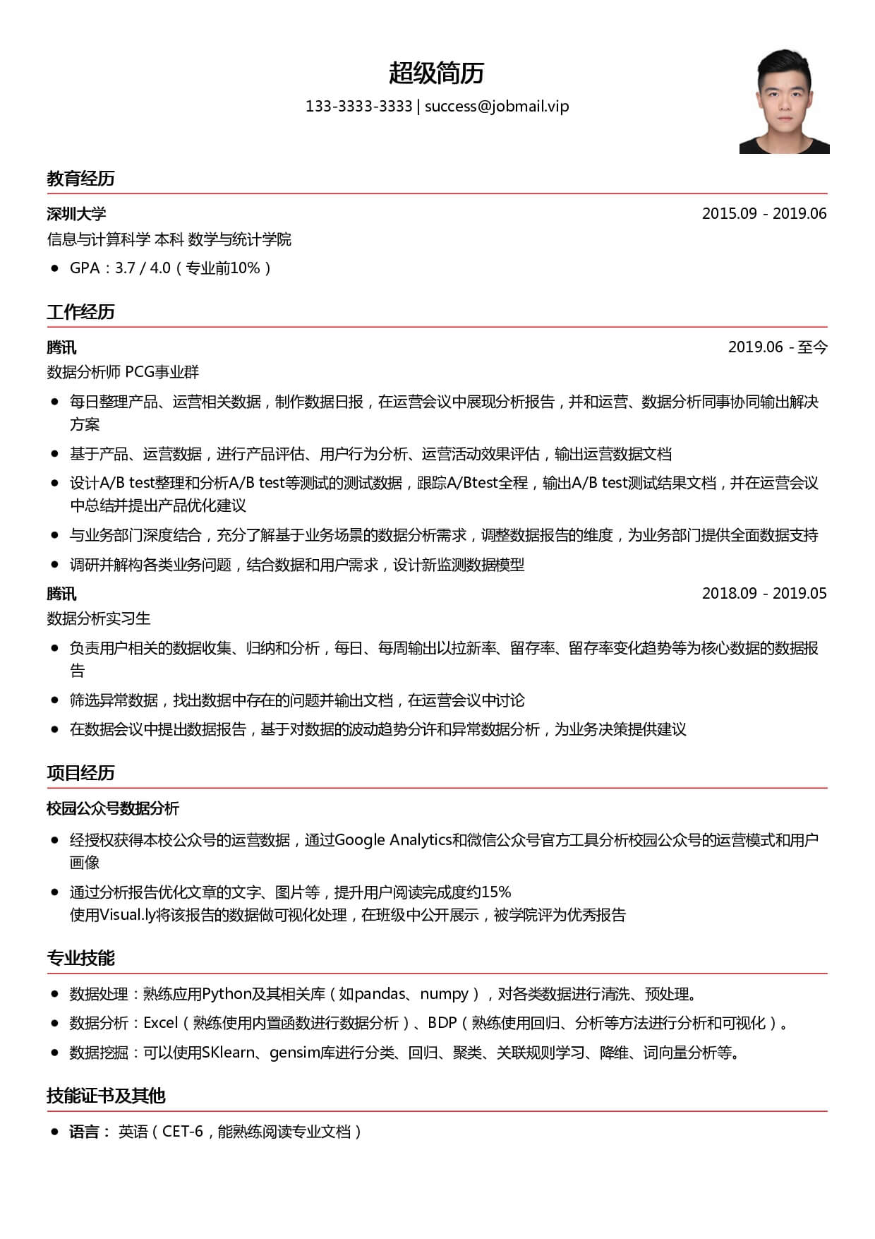 互联网数据分析师简历模板免费下载 超级简历wondercv